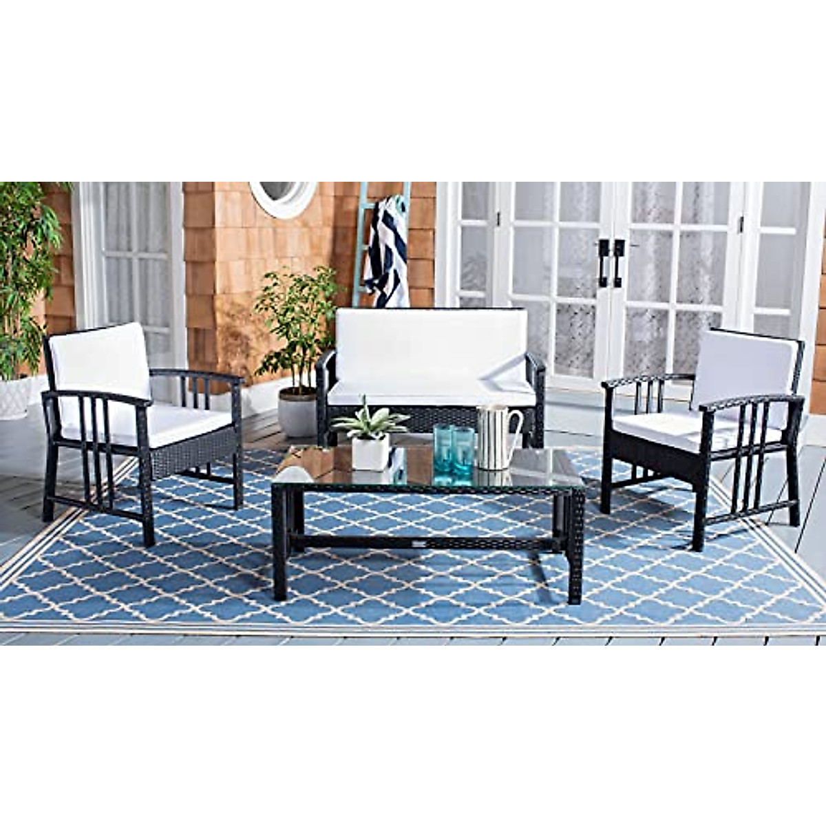 SAFAVIEH Outdoor Collection Reslor Wicker Cushion 4-Piece Living Set PAT7713A, Black/White