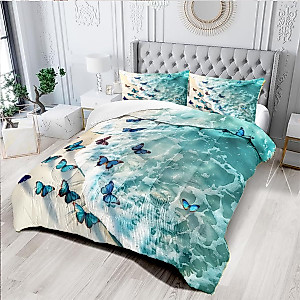 CCoutueChen Sea Butterfly Comforter Set Queen Size Tropical Ocean Beach Bedding Sets Hawaii Coastal Comforter Blue Ocean Animal Bed Set 3Pcs Soft Fluffy Lightweight Comforter (Girls Women Adult)