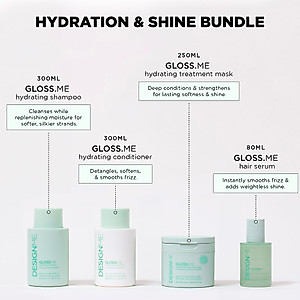 GLOSS.ME Hydrating & Shine System by DESIGNME | Natural, Sulfate Free Shampoo, Hair Conditioner for Dry Hair, Hair Serum, & Hair Mask | With Moisturizing Hemp & Argan Oil for Strong, Soft & Shiny Hair