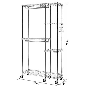 TRINITY EcoStorage Rolling Garment Rack with Shelves Hooks for Clothing Storage for Bedroom, Closet Organization, Entryway, and More, Chrome, 41” W x 14” D x 76” H