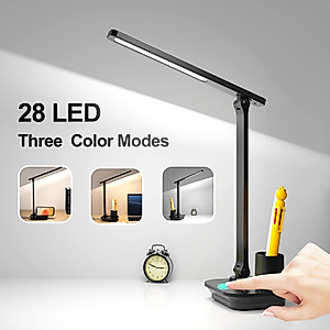 Desk Lamp Desk Light Desk Lamps for Home Office, LED Desk Lamp with USB Charging Port, Touch Control Small Desk Lamp with Pen/ Phone Holder, 3 Color Modes Foldable Study Reading Lamp with 10 Min Timer