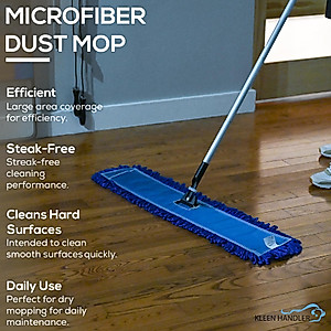 KLEEN HANDLER 36 Inch Microfiber Dust Mop, Large Washable Commercial Dust Mop, Sweeper, Janitorial Dust Mop Head Replacement, Push Mop Broom, Blue