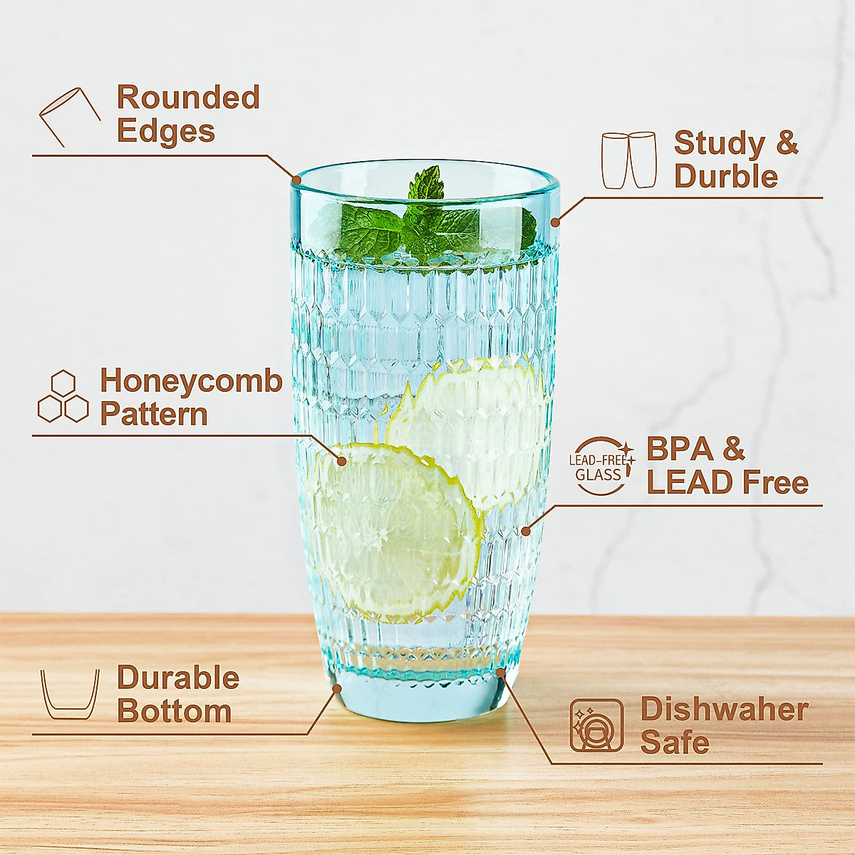 GRANDARTIC Highball Glasses,Clear Drinking Glass Tumbler Set of 6, Vintage Tall Beverage Water Tumblers for Soda, Juice, Iced Tea, Cocktails on Kitchen 14.8oz, Light Green