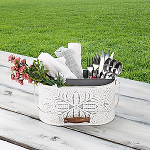 Craftsman Road Distressed White Metal Caddy – Farmhouse Galvanized Kitchen Organizer with Handle – Vintage Rustic Multi-Compartment Holder for Napkins, Plates, Cutlery, Flatware, Cleaning Supplies