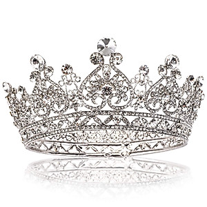 Yopay Crystal Queen Crowns, Full Round Women Bridal Diamond Crowns and Tiaras Cake Topper for Birthday Pageant Prom Wedding Party Christmas Halloween Costume, Silver