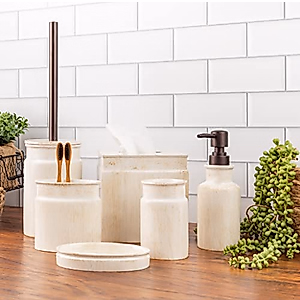 Rustic Luxe Farmhouse Bathroom Accessories Set - 4 Piece Beige Bathroom Accessory Set - Includes Hand Soap Dispenser, Toothbrush Holder, Soap Dish & Tumbler - for Elegant Rustic Bathroom Decor