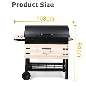 RJMOLU Outdoor Smoker Barbecue Portable Charcoal BBQ Grill for Garden Home Camping, Heat Control BBQ Kettle with 2 Foldable Wooden Side Shelves and Thermometer