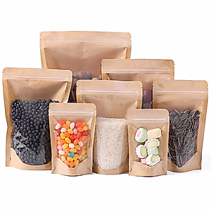 150pcs Kraft Bags With Window Clear Front 10”×14”,7”×10”,4.7”×7.8 ” Resealable Stand Up Zip Lock Craft Food Bags Zipper Brown Paper Pouches