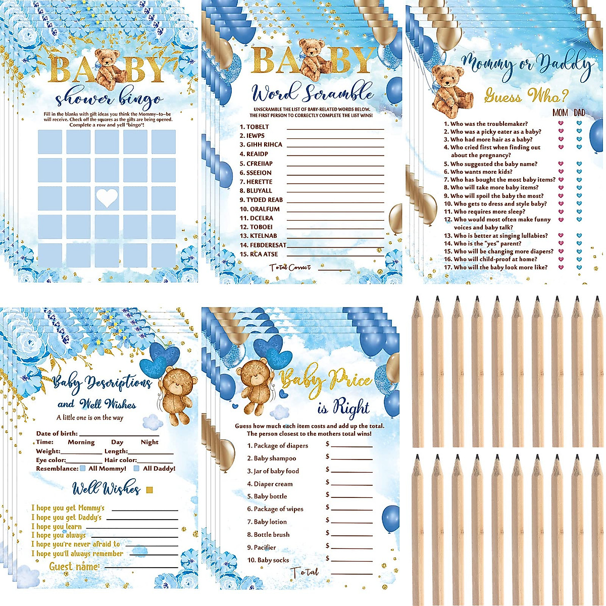 125 Pcs Bear Baby Shower Games for Boy Girl 5 Game Activities Bear Cards with 20 Pencils Includes Baby Bingo Guess Who Baby Price is Right Description Word Scramble Game(Blue)