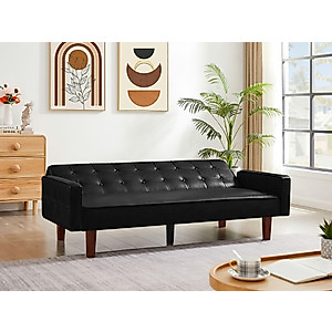 HoynPuko Multi-Functional Convertible Double Folding PU Leather Sofa Bed Living Room Furniture with Removable Wooden Legs, Adjustable Button Tufted Backrest, 74.41" W x 32.67" D x 29.13" H Black