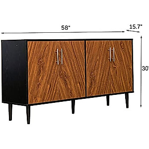 Black Sideboard Buffet Cabinet, 58’’ Buffet Cabinet with Storage, Black Sideboards and Buffets with Doors, Mid Century Sideboard with Doors, Modern Credenzas with Adjustable Shelf for Living Room