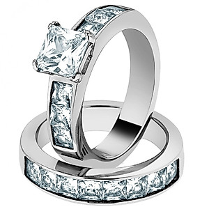 Marimor Jewelry His and Hers Stainless Steel 3.75 Carat Cubic Zirconia Bridal Set and Men's Eternity Wedding Band Women's Size 09 Men's 06mm Size 08