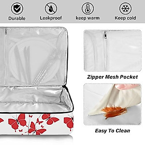 Kcldeci Insulated Thermal Food Carrier Insulated Casserole Carrier for Hot or Cold Food,Red Butterflies Insulated Tote Bag for Potluck Cookouts Parties Picnic,Lasagna Lugger