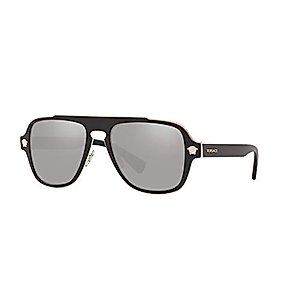 Versace Man Sunglasses Black Frame, Light Grey Mirror Silver Lenses, 56MM