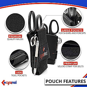 Cynamed First Responder Medical Tool Kit - Bandage Scissors, Magnetic Debris Remover, EMT Shears, Hemostat, Tweezers - Adjustable Multi-Pocket Nylon Belt Pouch - Paramedic, Nurse, Emergency Responders