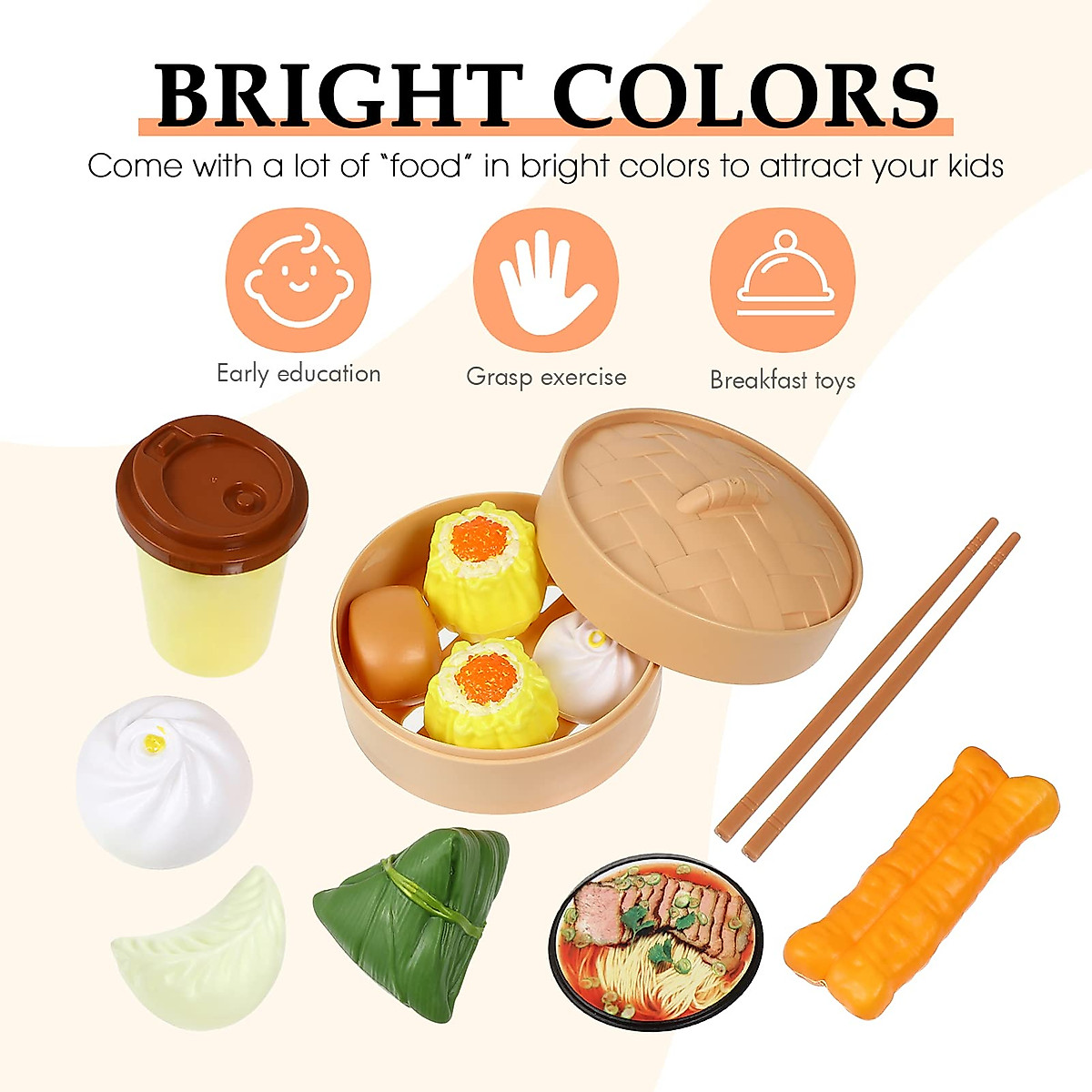 Play Food 26pcs Pretend Play Toy Asia Dim Sum Set Steamer Buns Chinese Breakfast Toy for Kids Food Kitchen Set Cooking Dish Asia Tea Time Birthday Gift, Style Random