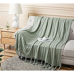Aormenzy Acrylic Knitted Fringe Throw Blanket, 50" x 60" Throw Blanket with Tassels Ultra-Soft & Breathable, Cozy Decorative Throw Blankets for Couch Sofa Bed Living Room - Sage Green
