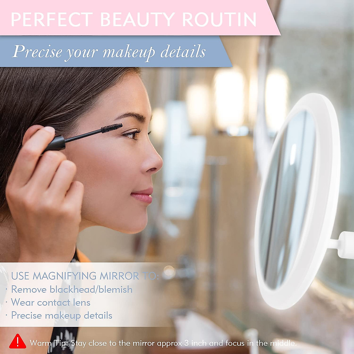 15x Magnifying Mirror with Light & Tweezers - Lighted Makeup Mirror with Strong Magnification for Precise Makeup, Plucking, Lighted Magnified Mirror w/Suction Cup for Bathroom, Dual Power , 8"