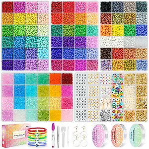 Paodey 4mm Glass Seed Beads Friendship Bracelet Kit, 15500pcs 96 Colors 6/0 Small Beads for Friendship Bracelet Beads Waist Beads with String Cords Letter Beads for DIY Jewelry Making Girls Craft