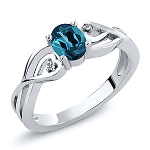 Gem Stone King 925 Sterling Silver London Blue Topaz and White Lab Grown Diamond Ring For Women (0.51 Ct Oval, Gemstone Birthstone, Available in size 5, 6, 7, 8, 9)
