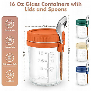 Vaootop 4-pack 16 oz Overnight Oats Containers with Lids and Spoons, Glass jars with Airtight Lids, Wide mouth Mason Salad jars, Glass Food Storage Containers for Snacks Yogurt Spice Sugar