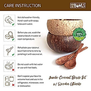 Rainforest Bowls 2 Eco-Friendly Jumbo Coconut Bowls (Raw & Original) w/Coconut Wood Spoon & Fork - 100% Natural, Organic Kitchen Set - Handcrafted from Reclaimed Coconut Shells + Offcuts