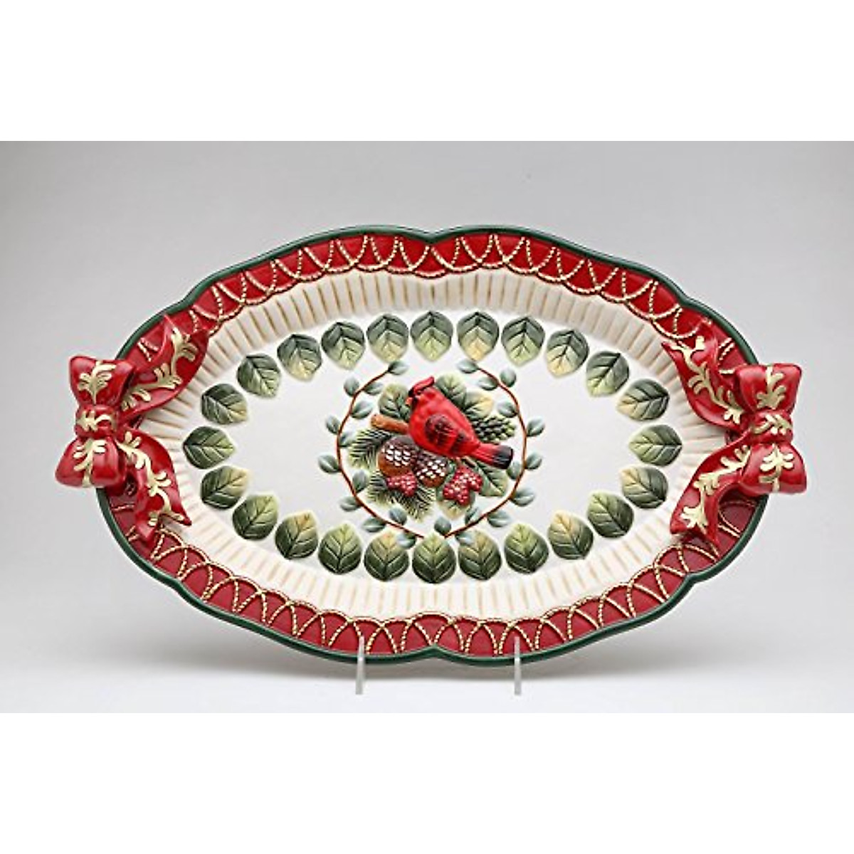 Cosmos Gifts Fine Ceramic Hand Painted Christmas Holidays Red Cardinal with Pine Cones and Red Ribbon Design with Gold Accents Red Ribbon Handle Oval Platter, 17-7/8" L