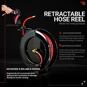 ReelWorks Air Hose Reel Retractable 3/8" Inch x 80' Foot Max 300PSI Longest Ever Hybrid Polymer Hose Industrial Steel Construction