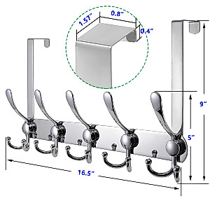 LYLIN Over The Door Hook, TEKI 5 Tri Hooks for 1.6” Thick Door, Over The Door Hook Hanger, Heavy Duty Over Door Rack for Hanging Coats Clothes Hats Robes Towels (Silver, 1.6”)