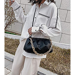 Women's Chain Link Cloud Clutch Bag | Dumpling-Shaped Pouch Purse Handbag | Ruched Chunky Chain Link Shoulder Handbags (Medium, Black)