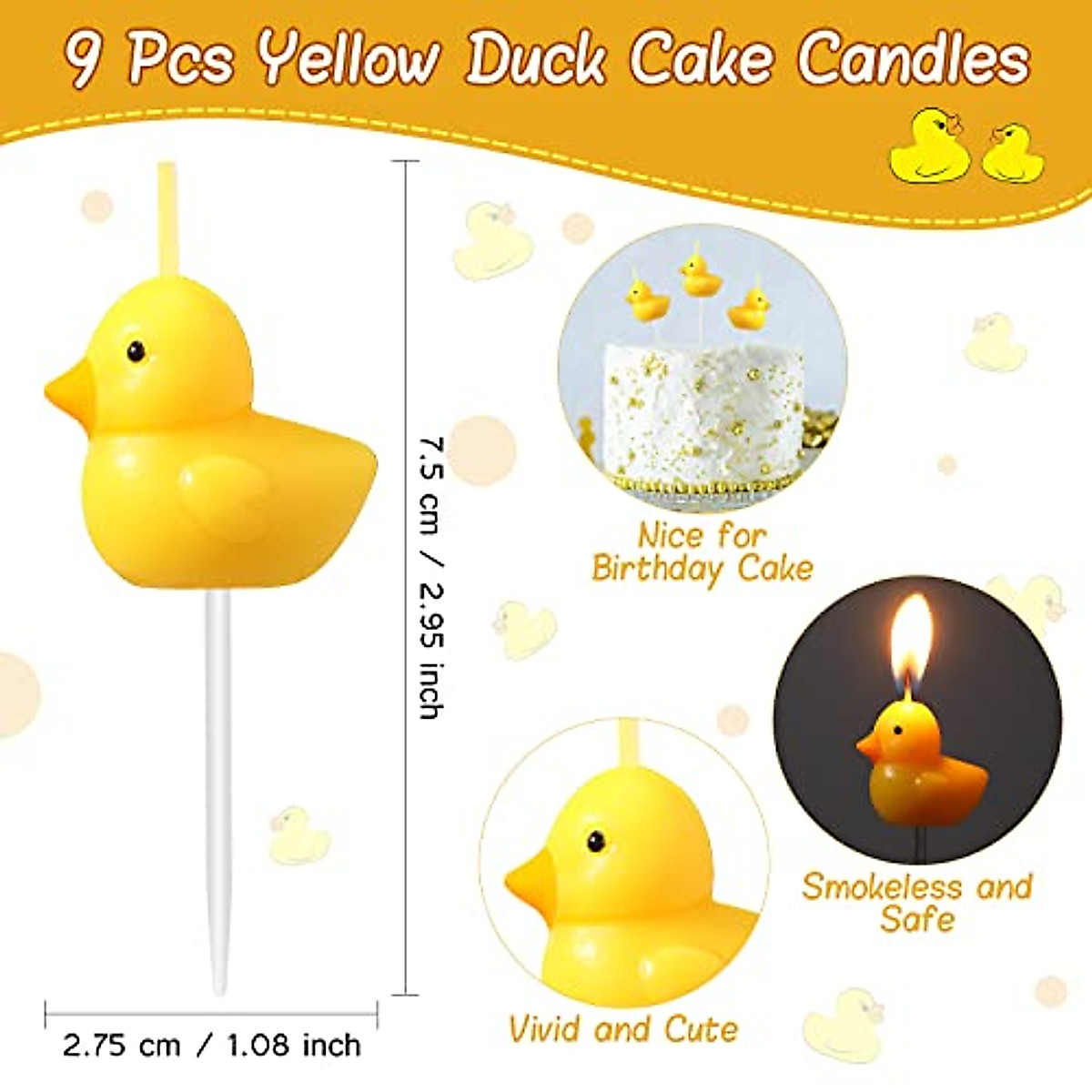 Coume 9 Pieces Yellow Duck Cake Candles Duck Birthday Decorations Cute Little Duckie Cupcake Candles for Kids Theme Birthday Party Baby Shower Decorations