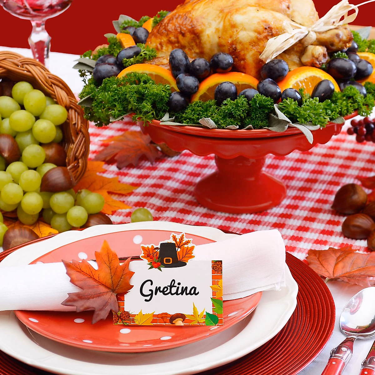 36 Pcs Thanksgiving Place Cards Pumpkin Fall Leaves Name Place Cards and 2 Pcs Permanent Markers Black Markers Name Tents Thankful Greeting Cards for Thanksgiving Harvest Party Bridal Shower Birthday