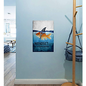 Goldfish Shark Motivational Poster Mindset is Everything Inspiring Canvas Wall Art Pictures Prints Framed Modern Home Decoration Artwork Great Gift Gym Living Room Bedroom Office(12''W x 18''H)