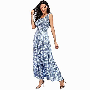 OSTOO Women's 2023 Summer Sleeveless Boho Floral Print Tiered Casual Flowy Long Maxi Dress (Blue, L)