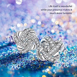 MDFUN Love Knot Earrings 18K White Gold Plated Flower Stud Earrings for Women Cubic Zirconia Earrings