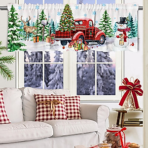 Christmas Kitchen Curtains, Christmas Decor for Home Snowman Valances for Windows, Red Truck Kitchen Curtains and Valances Set Christmas Decorations for Home, 27''x24'' 2 Panel & 54x18 Inch