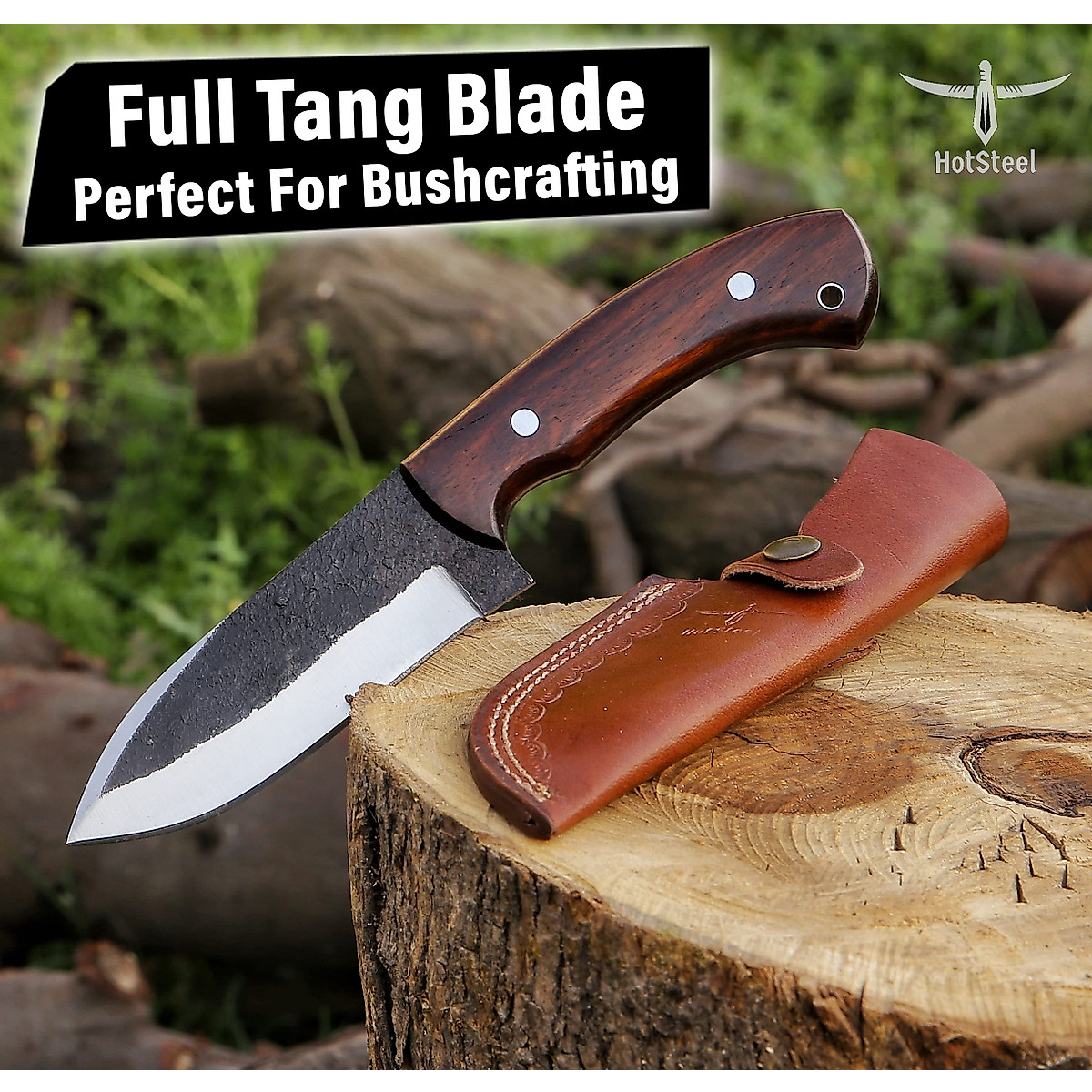 High Carbon Steel Knife - Handmade Full Tang Bushcraft Knife - Hunting Knife, Survival Knife, Fixed Blade Knife & Camping Knife - Camping Knives & Hunting Knives with Rosewood Handle & leather Sheath