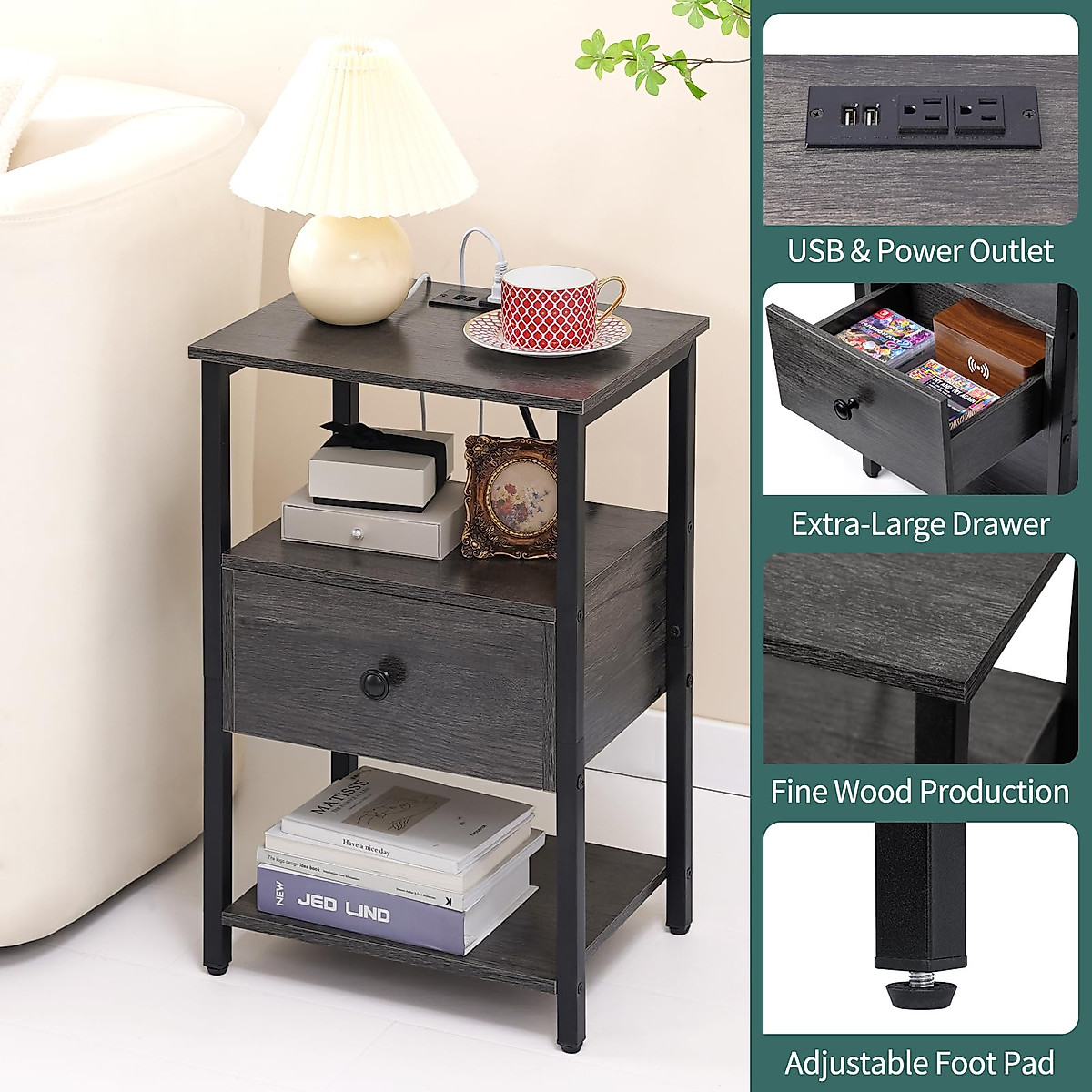 Yoobure Nightstands Set of 2, Night Stand with Charging Station Night Stand with USB Ports, Night Stands with Wood Drawer and Storage Shelf Bedside Table for Bedroom Small Spaces Grey