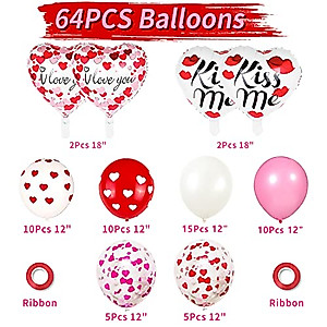 Valentines Day Decorations, 64Pcs Pink White Heart Print Balloons Heart Confetti Balloons Foil Balloons for Valentines Day Proposal Engagement Wedding Party Decorations