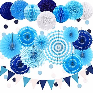 23Pcs Paper Fan Party Decoration, Navy Blue Hanging Paper Fans, Pom Poms Flowers, Garland String Polka Dot and Triangle Bunting Flag Packs for Boy Birthday, Bridal Shower, Baby Showers, Wedding