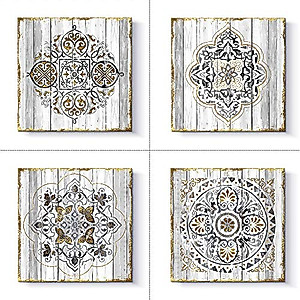 Kas Home Mandala Pattern Room Decor Boho Canvas Wall Art Prints Framed Pictures 4 Pieces Artwork for Living Room Bedroom Bathroom Kitchen Office Home Decoration (14 x 14 x 4, Black)