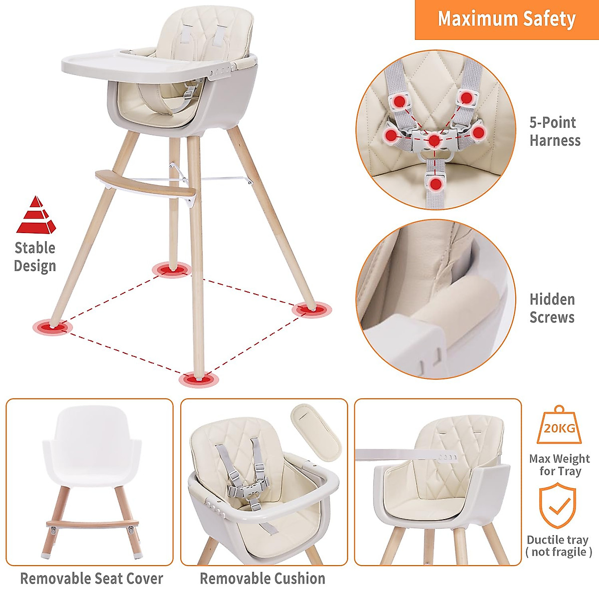 3-in-1 Convertible Wooden High Chair,Baby High Chair with Adjustable Legs & Dishwasher Safe Tray, Made of Sleek Hardwood & Premium Leatherette, Cream Color