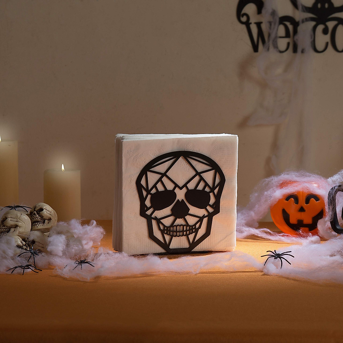 MyGift Matte Black Metal Halloween Napkin Holder with Cutout Skull Design, Dinner Cocktail Novelty Napkin Holder for Square Paper Napkin