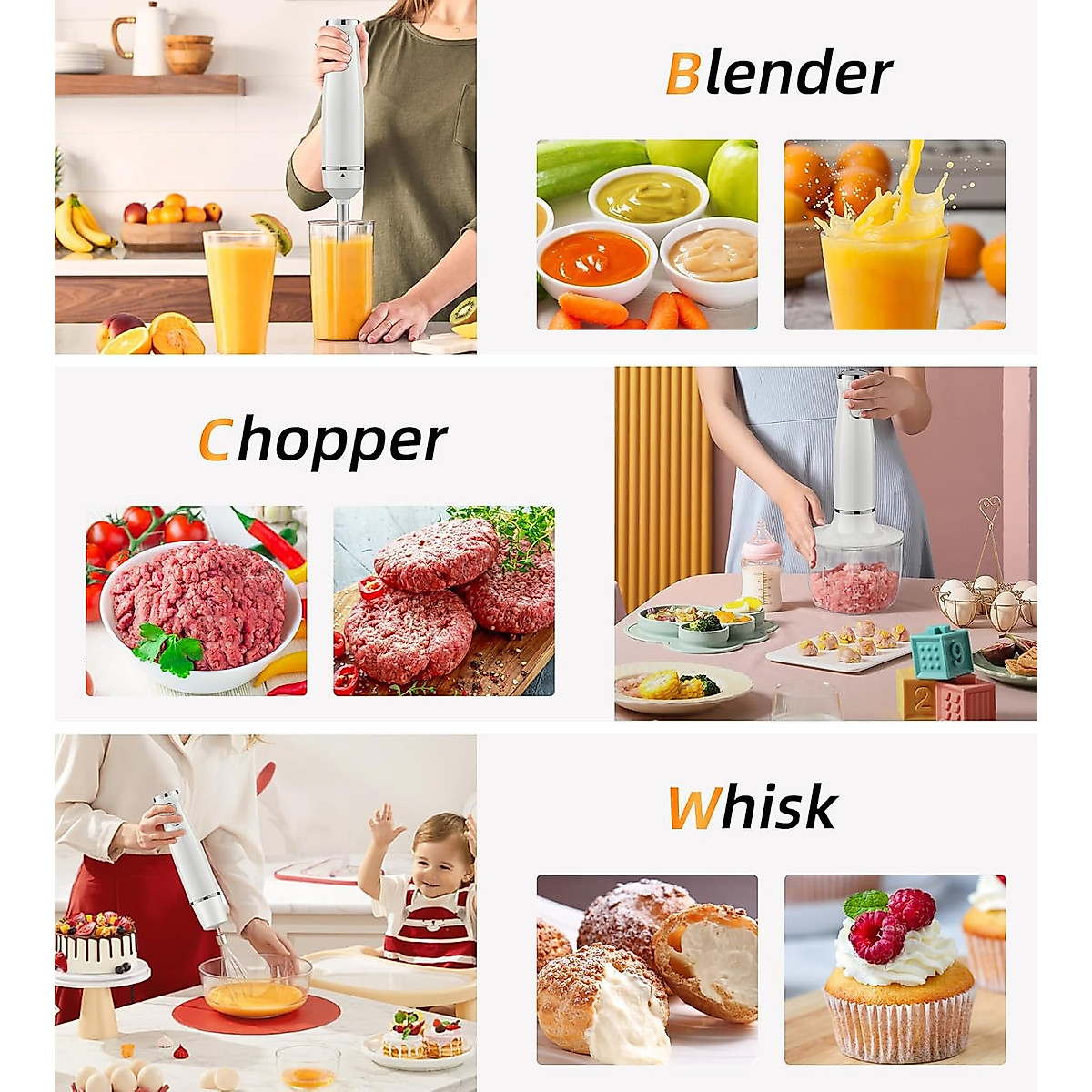 Immersion Blender Handheld, 5-in-1 Hand Blender for Kitchen, 2-Speed Stirrers Electric Whisk with 16.9OZ Food Chopper, 20.3OZ Container, Egg Whisk for Puree Infant Food Smoothies Sauces Soups