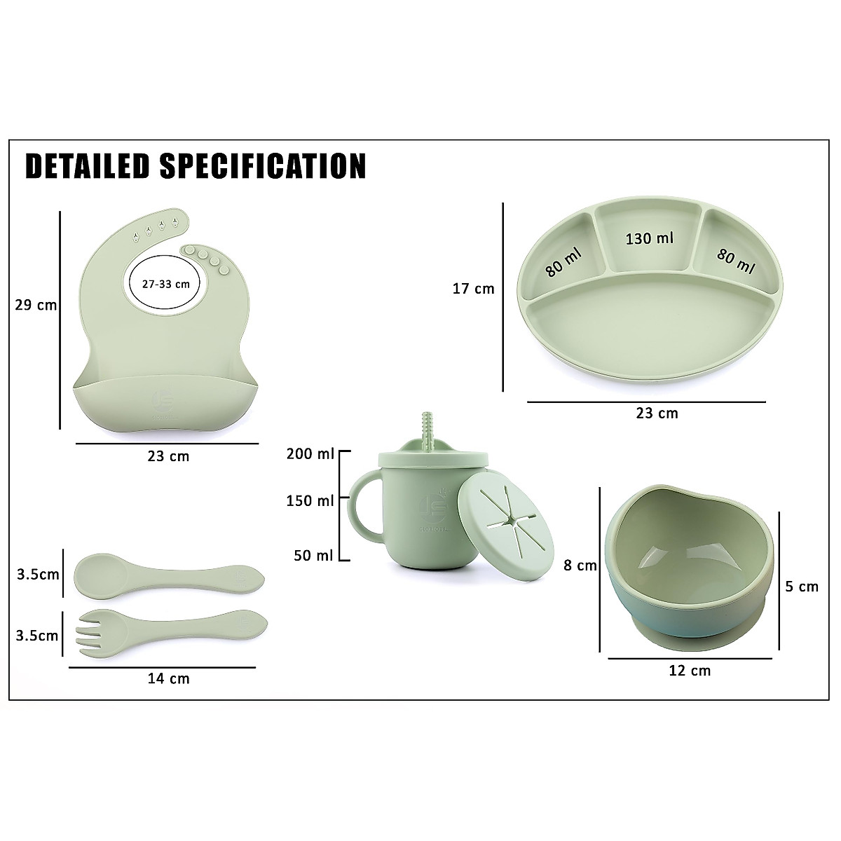 Silicone Feeding Utensils Set 8Pcs For Baby- Led Weaning Essentials-Divided Suction Plate-Lid-Bowl-Fork-Spoon-Adjustable Bib-2in1 Drinking + Snack Cup, Gift for Infant and Toddler (Oliver Green)