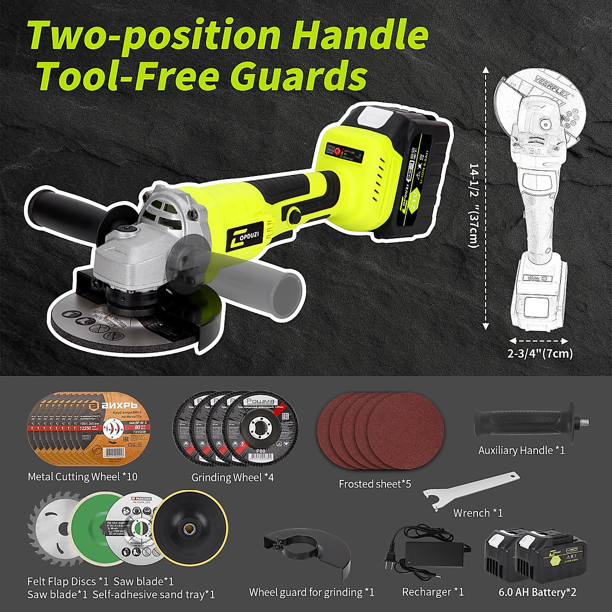 Cordless Angle Grinder Set, 2x 6.0 AH Batteries,21V Power Angle Grinder Tools,10000 RPM Brushless Electric Grinder with 10-5" Cutting Wheel, Flap Wheel, Wool Carving Wheel for Cutting & Grinding