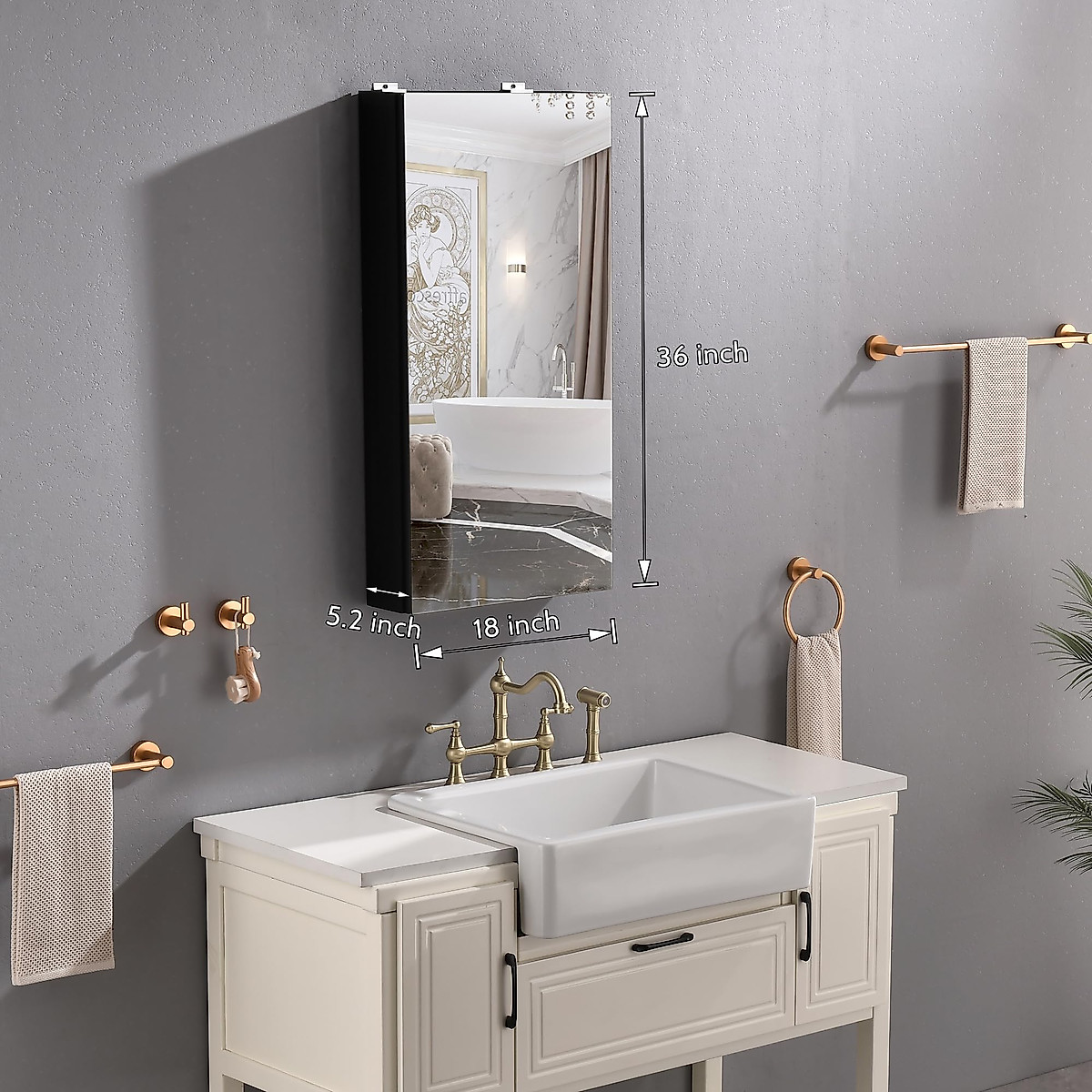 THNIKRE Black Medicine Cabinet, 18x36 inch Single-Door Bathroom Cabinet with Mirror, Wall Mounted Cabinet Medicine Full-Overlay Mirrored with Beveled Edges, Recessed or Surface Mount Aluminium 38lbs