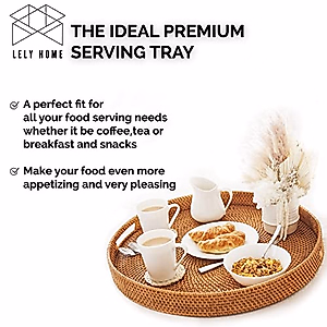 LELY HOME Round Rattan Woven Serving Tray w/ Handles, Home Table Decor Ottoman Tray for Breakfast Table, Dinner tray tables and Wooden Serving Trays