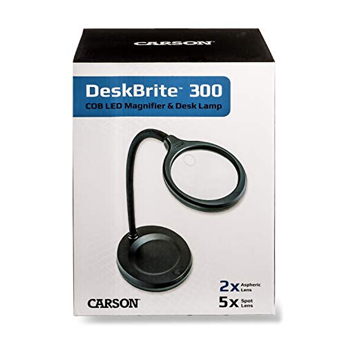 Carson DeskBrite300 COB LED Lighted 2x Aspheric Magnifier & Desk Lamp with 5x Spot Lens with Included USB-C Power Adapter (LM-30)., Black, Medium