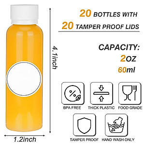 Moretoes 20pcs 2oz Small Plastic Beverage Bottle, Clear Juice Bottle with Lid, Reusable Leak-proof Containers with Cap for Juices, Ginger Shot, Shampoos and Other Liquids